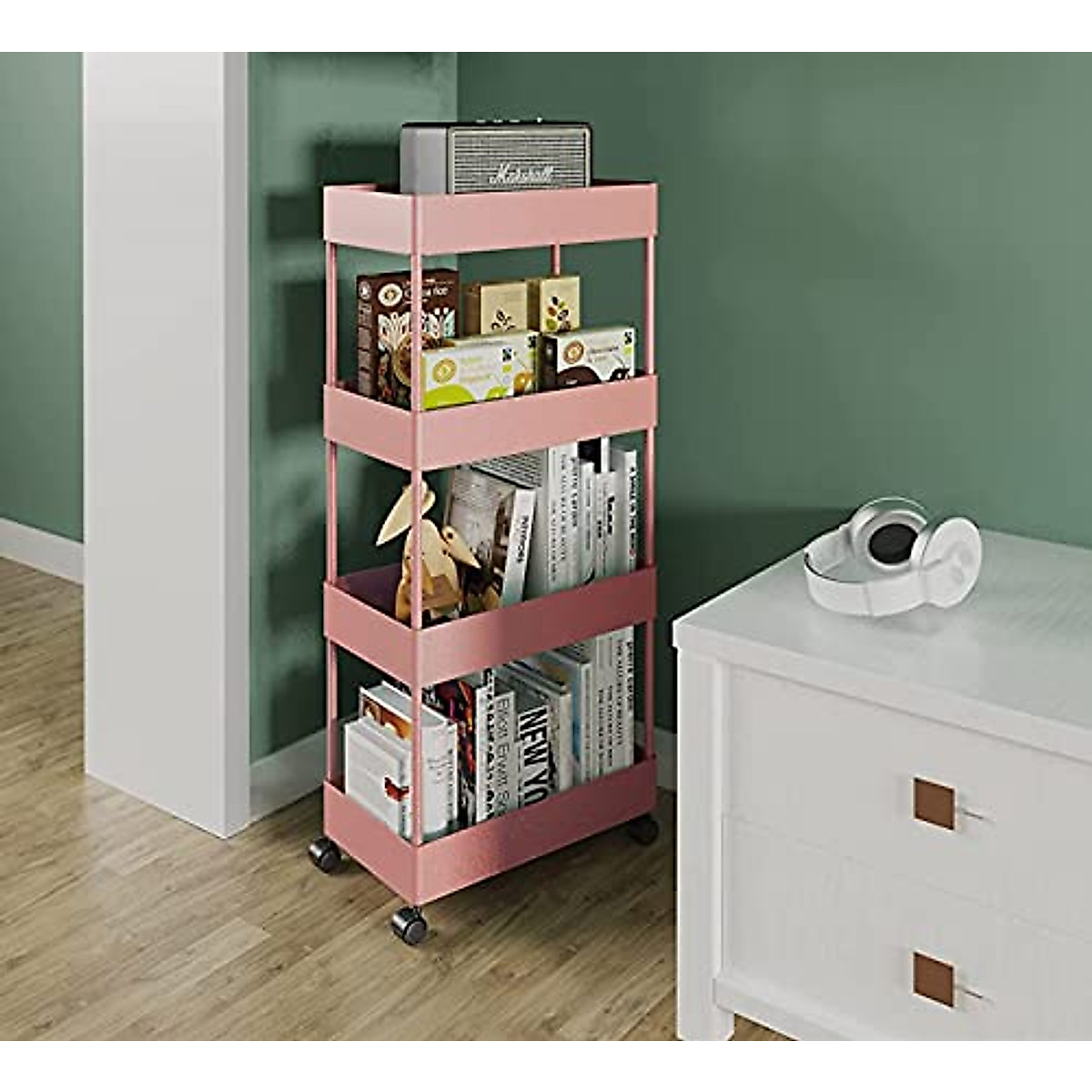 4-Tier Rolling Cart Narrow Utility Cart Slide Out Storage Rack for Narrow Corner Gap Kitchen Bathroom Bedroom Laundry(Pink)