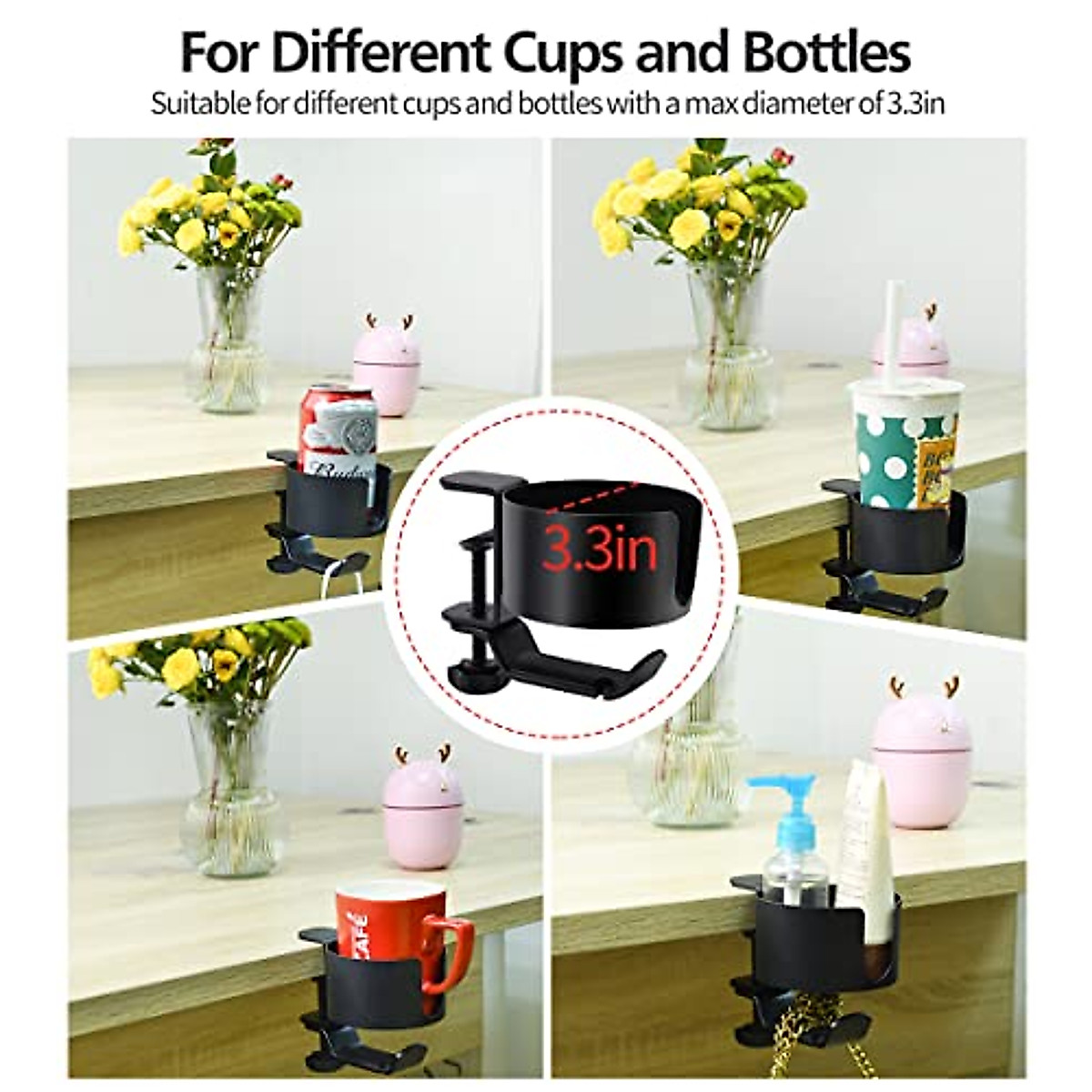 Headphone Hanger with Cup Holder, 1 Pack/2 Pack 2-in-1 Anti-Spill Cup Holder with Under Desk Headphone Hanger, 360° Rotation Headphone Holder Aluminum Headset Stand Headphone Hook (2 Pack)