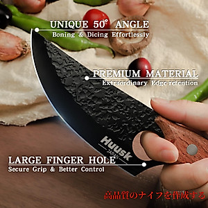Huusk Knives, Viking Boning Knife for Meat Cutting, Small Ulu knife, Caveman Ultimo Knife Hand Forged Full Tang Knife for Kitchen or Camping Gift for Dad