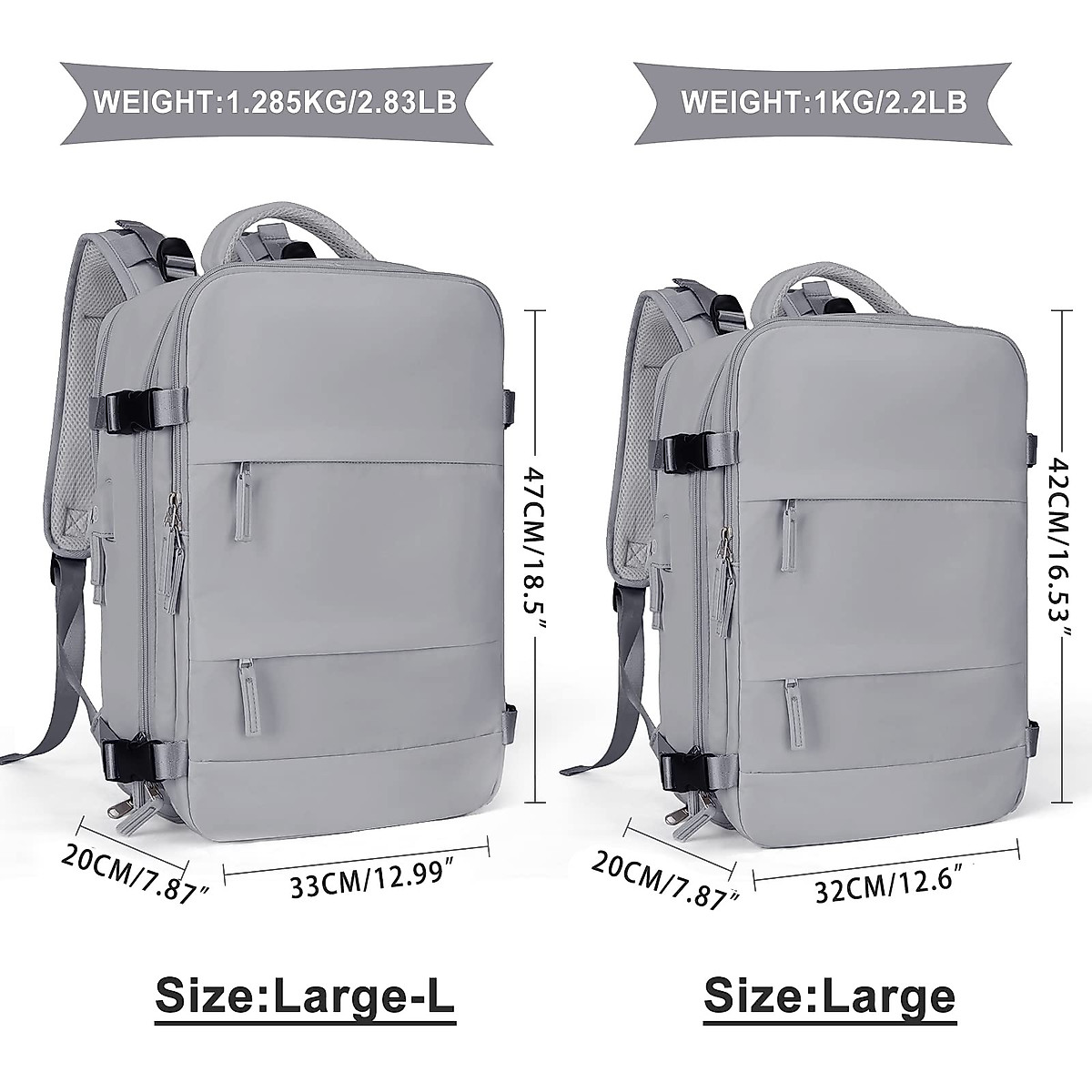 Coowoz Large Travel Backpack For Women Men, Flight Approved, Waterproof Outdoor Sports Rucksack, Casual Daypack, Fit 15.6 Inch Laptop Shoes, Grey