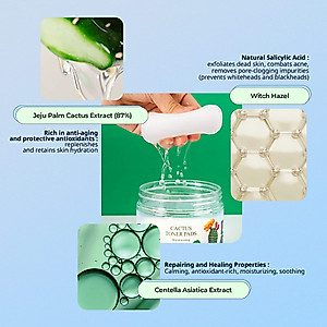 YADAH Cactus Toner Pads 5.07 Fluid Ounce 60 Count, Cruelty Free Facial Cleansing Exfoliator Toning Hydrating Treatment Wipes for Clear Pores Acne Prone Oily Dry Sensitive Skin