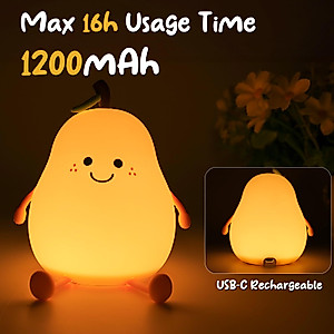 PSDRIQQ Night Light Pear Cute LED Nursery Nightlight Lamp, Tap Control Squishy Silicone, USB Rechargeable Bedside Lamp for Bedroom, Warm White & 7 Colors, Christmas Gift for Kids Girls Boys