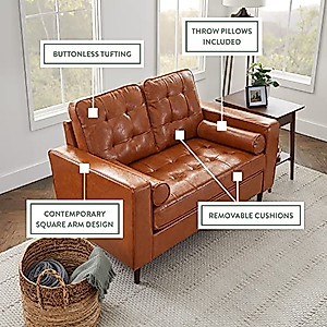 Edenbrook Lynnwood Upholstered Loveseat - Small Loveseat - Camel Faux Leather Loveseat - Living Room Furniture - Mid-Century Modern Loveseat - Includes Bolster Pillows