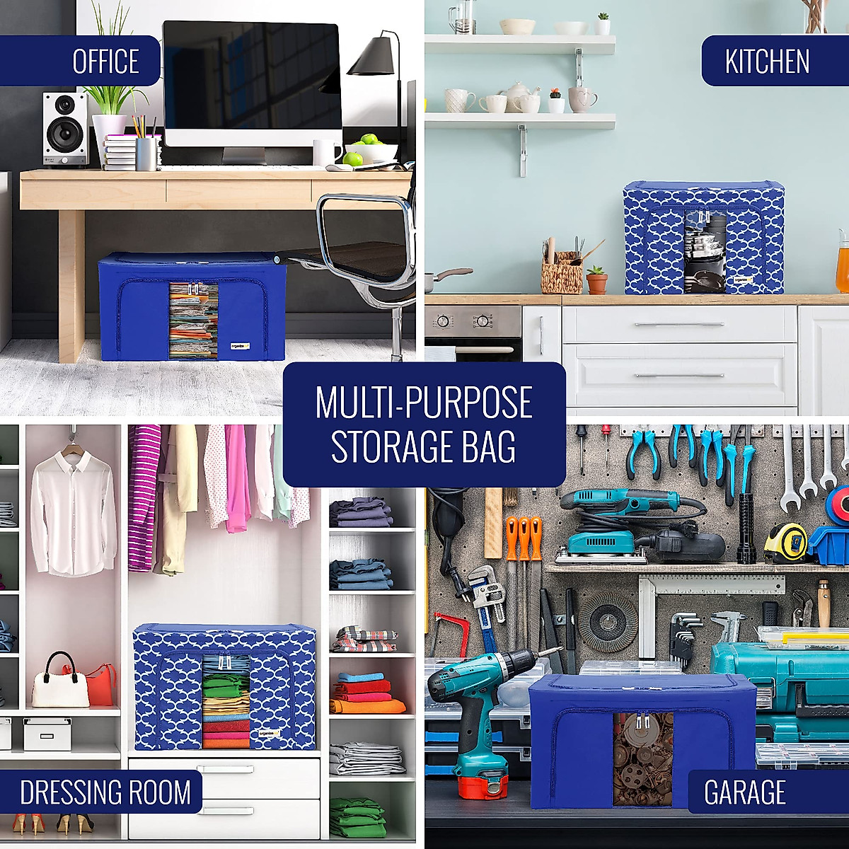 Foldable Clothes Storage Bag Organizer Pop Up Bins Strong Handle Quality Fabric for Collapsible Closet Boxes 4 Pack (Large) (Blue COBALT)