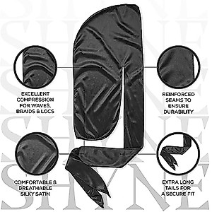 Shyne Silky Durag - Black | Perfect for Waves, Braids & Locs | Premium Silk Du Rags for Men & Women | Wide & Long Tail | Ultra-Soft & Wrinkle Free Satin | Black Owned Business
