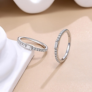 Hitlinker Moissanite Wedding Band Emerald Cut Baguette Rings for Women S925 Sterling Silver Moissanite Rings D Color VVS1 Lab Created Diamond Rings Half Moissanite Eternity Band Baguette Wedding Band