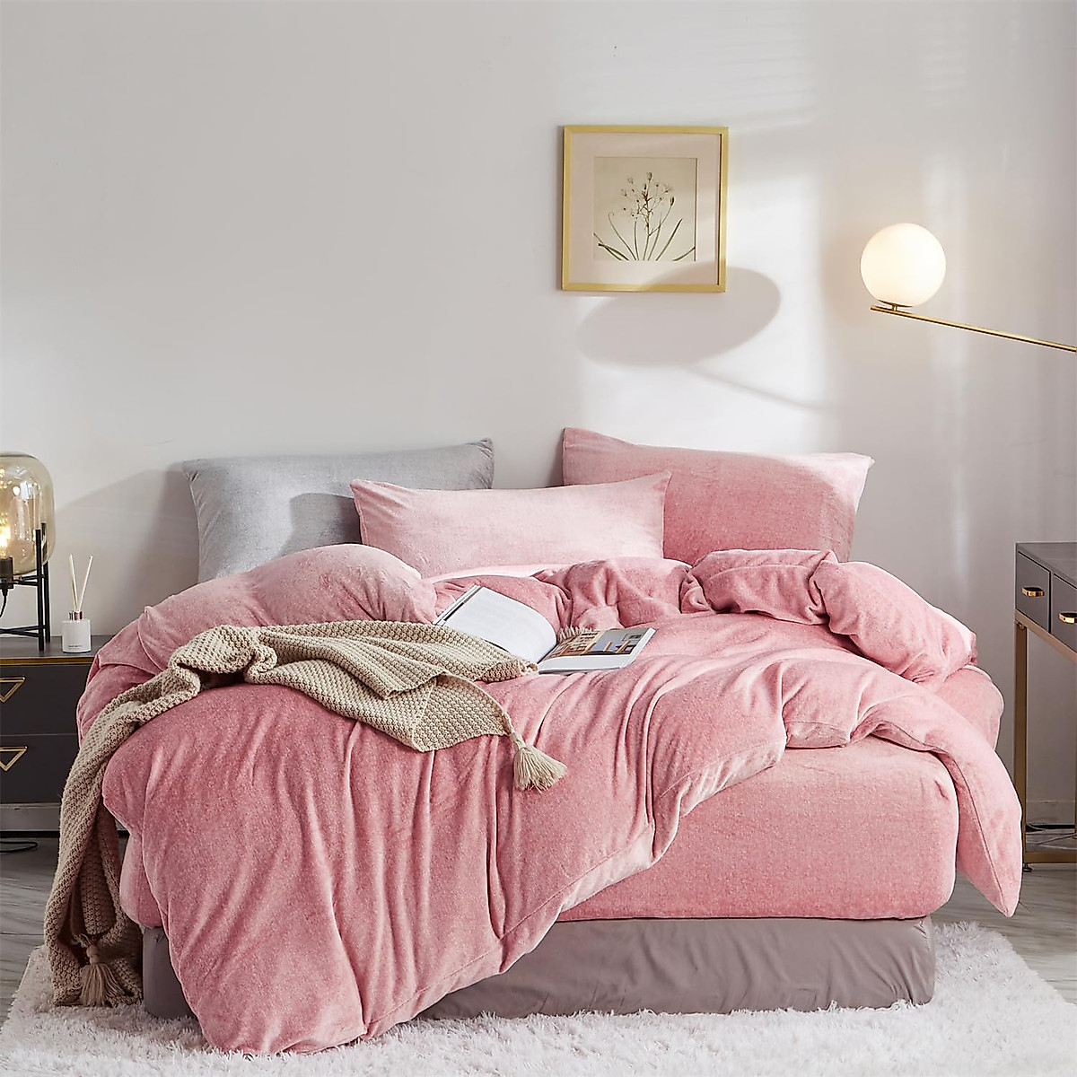 YASMENG Fluffy Velvet Duvet Cover Set Blush Pink Queen Size Fall Winter Soft Warm Flannel Comforter Cover Girls Pink 90" x 90" Luxury Cozy Plush Fleece Reversible Bedding Duvet Cover Set Pale Pink