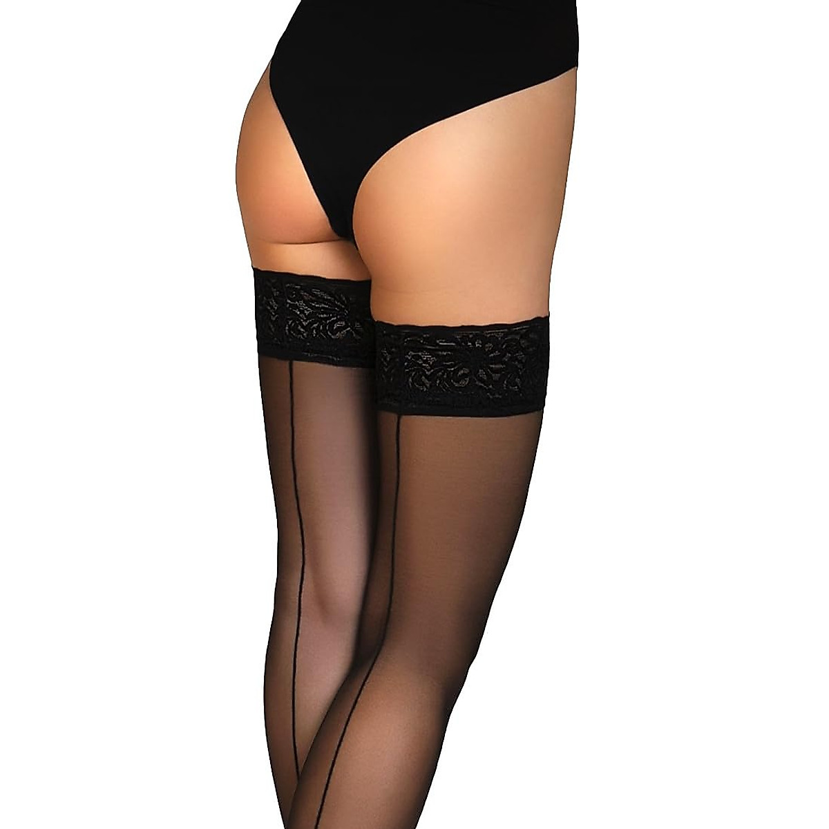Charm and Attitude Black Sheer Seamed Thigh High Stockings for Women | Back Seam Pantyhose with Lace Top - Black, XS/S