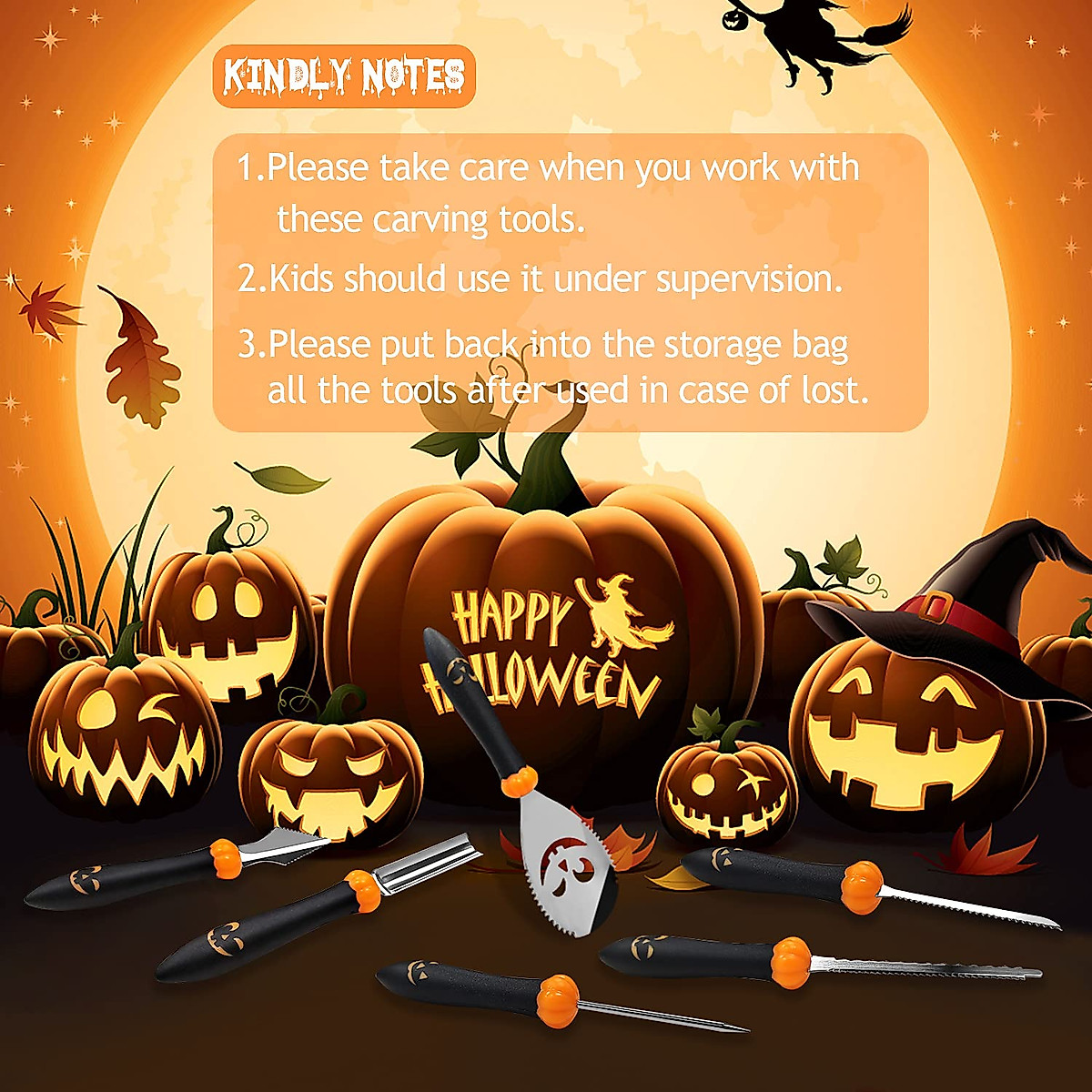 Sakmilu Halloween Pumpkin Carving Kit - 6 Pcs Pumpkin Carving Tools Stainless Steel with Stencils Storeage Bag for Halloween Decoration Jack-O-Lanterns