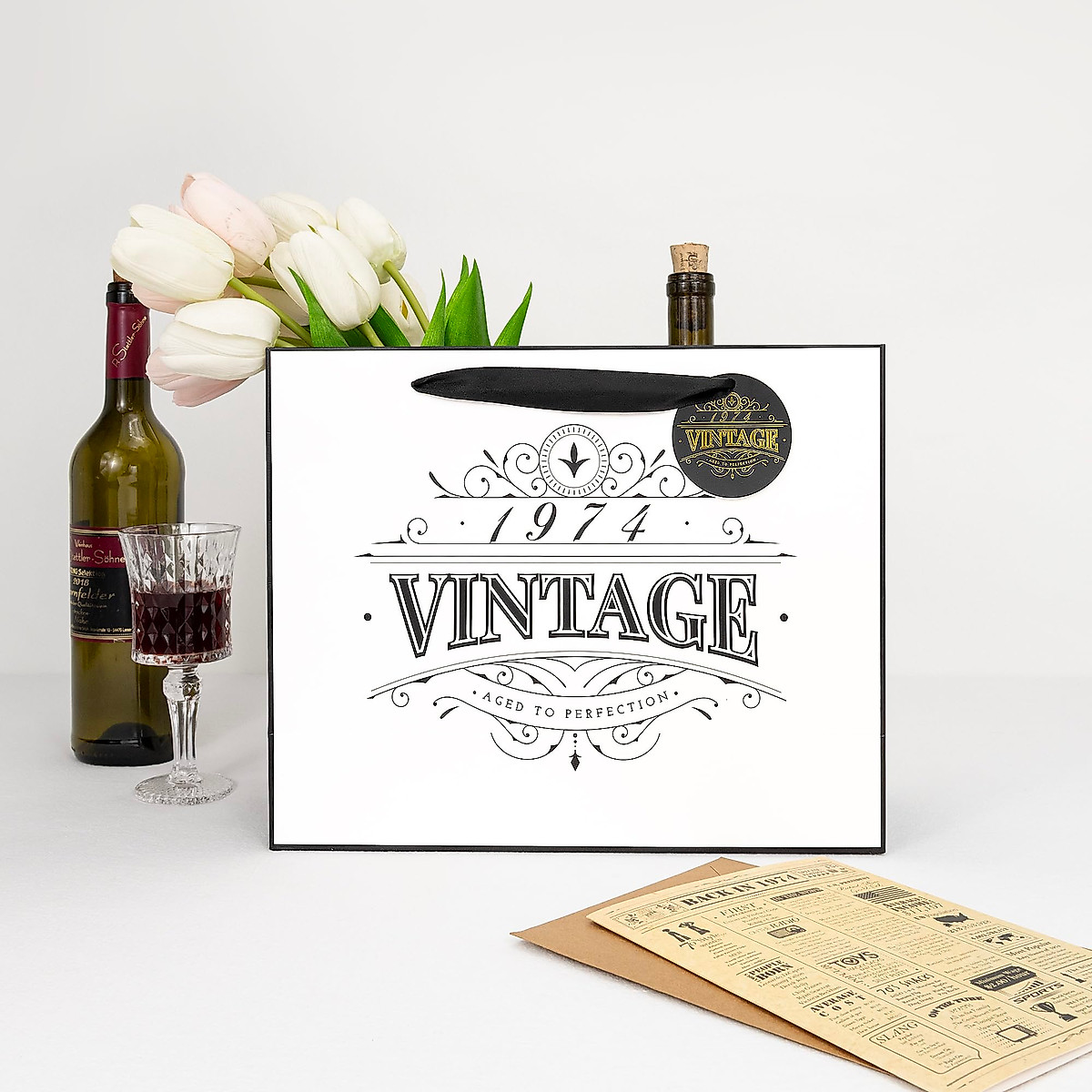 Crisky 50th Birthday Gift Wrap Bag Vintage 1974 with 50th Birthday Card Matching Envelope Sticker and Tissue Paper for Women/Men/Wife/Husband/Mom/Dad, 13" x 10" x 5"