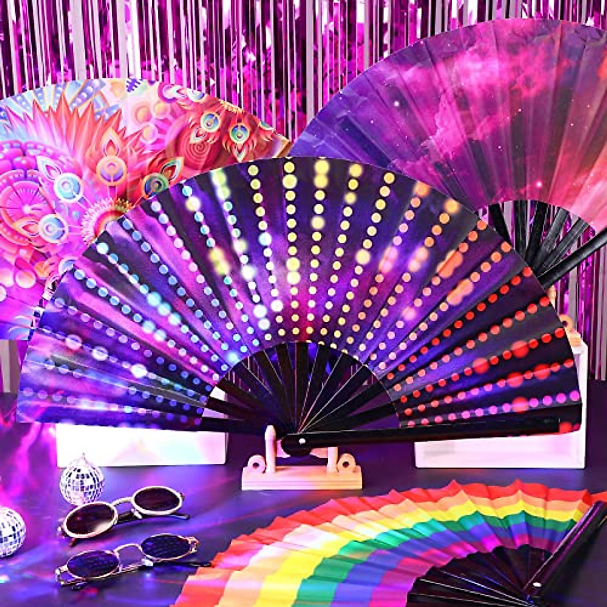 4 Pieces Rave Hand Fan Large Folding Fans Craft Hand Fans for Women Holographic Rainbow Hand Fan Performance Hand Fan with Bamboo Ribs Nylon Cloth Folding Dance Fan with Chinese Style Fan Bags Present
