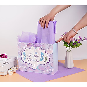 Linelglobal Large Mermaid Gift Bag with Wrapping Paper for Women Girl Birthday 12.6"