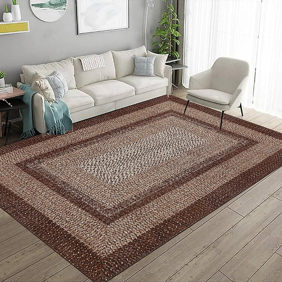 RUGSREAL 10x13 Large Living Room Rug Braided Print Rug Boho Accent Throw Carpet Farmhouse Rustic Rug Non Slip Geometric Bordered Area Rug Bohemian Carpet for Bedroom Home Decor Office, Brown