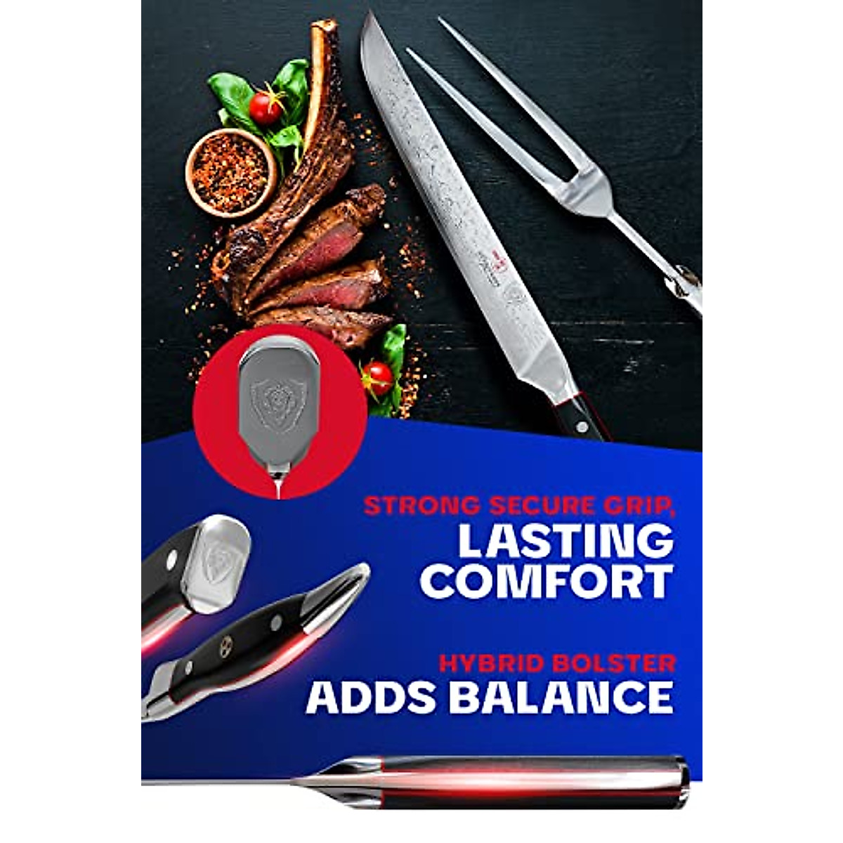 Dalstrong Shogun Series Damascus Japanese AUS-10V Super Steel Carving Kitchen Knife & Fork Set, 9 Inches, Sheath Included