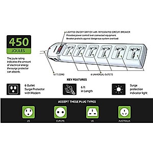 KRIEGER Universal Power Strip AC 220-240V Surge Protector With Heavy Duty German Schuko Plug For Computer, Printers, 6 Universal AC Outlets - Type E/F
