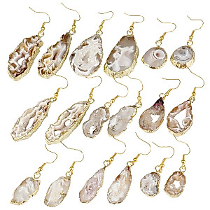 Nupuyai Natural Stone Drop Earrings for Women, Druzy Agate Geode Crystal Quartz Dangle Hook Earrings, Gold Plated, Pack of 2