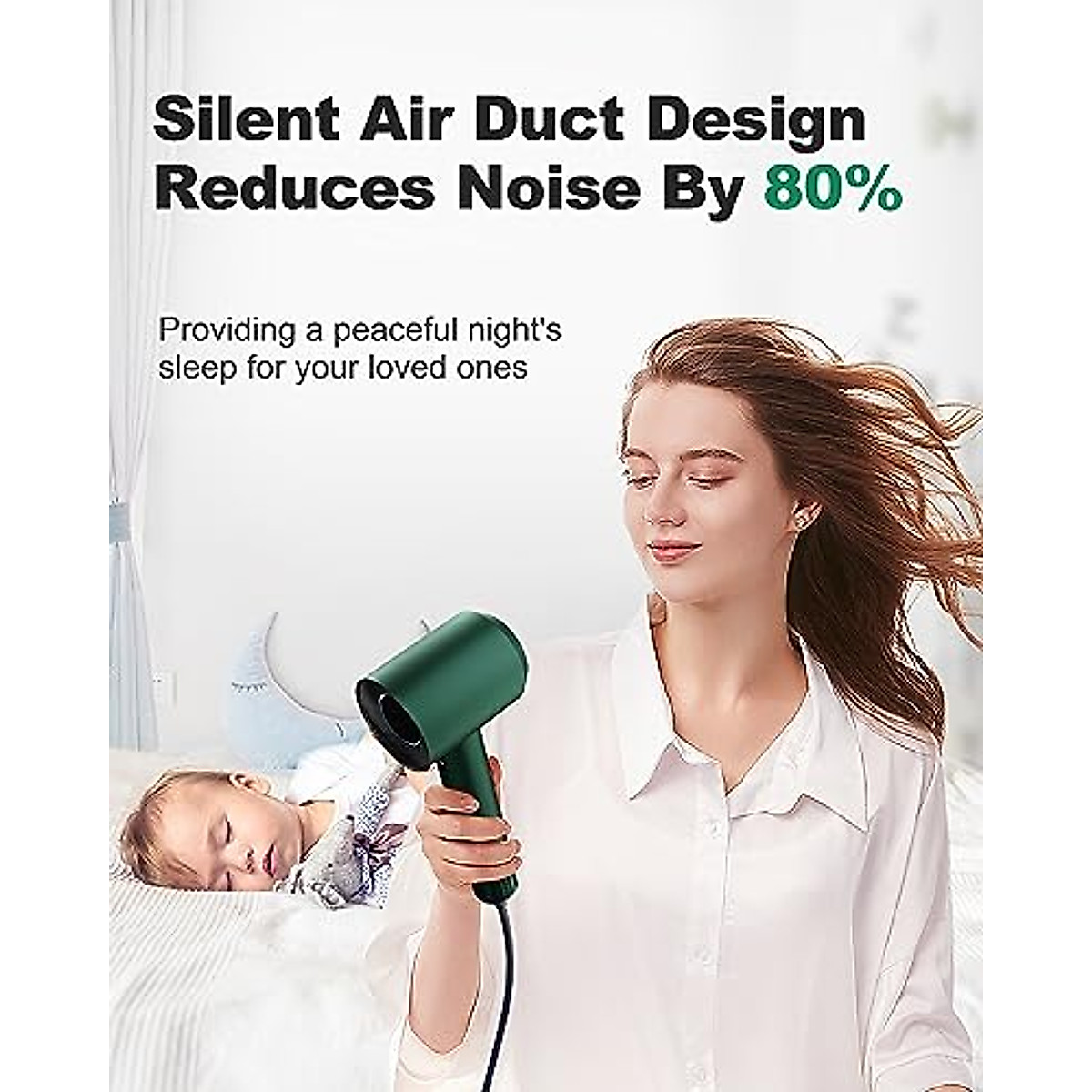 7MAGIC High-Speed Hair Dryer with 110,000RPM Brushless Motor for Fast Drying, Low Noise Blow Dryer with Tri-Colour LED Light Ring, 1400W Ionic Hair Dryer for Home and Travel, Magnetic Nozzle, Green