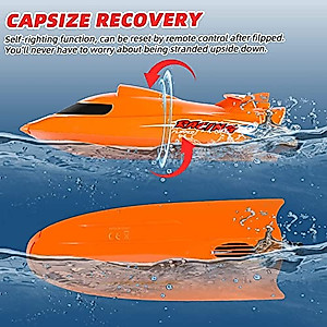 UJIKHSD RC Boat with 180° One-Button Rollover, 30KM/H, Self Righting Remote Control Boat for Pools & Lakes,2.4GHz Racing Boats, Pool Toys for Kids, Radio Controlled Watercraft