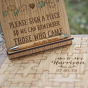 Wedding guest book alternative jigsaw puzzle personalized guestbook | laser engraved wooden pieces for party engagement reception anniversary (150 piece - Cursive Font)