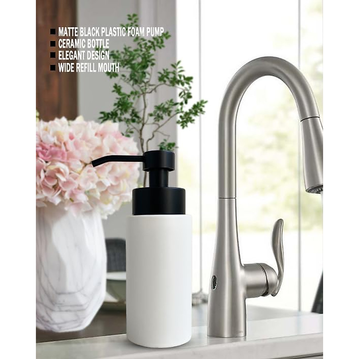 UNBONSOUHAIT 9.5 Oz Foaming Soap Dispenser for Bathroom,Kitchen Foam Soap Dispenser,Refillable Modern Foam Pump Bottle,Black Ceramic Foaming Hand Pump Dispenser (White)