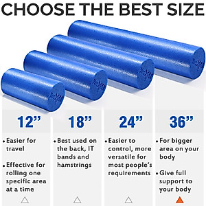 Yes4All Premium Soft-Density Round PE Foam Roller for Pilates, Yoga, Stretching, Balance & Core Exercises - 24 inch Blue