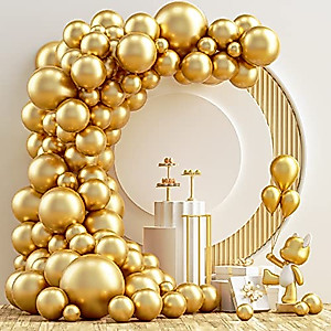 NISOCY Gold Metallic Chrome Latex Balloon Arch Garland Kit, 102PCS 18In 12In 10In 5In for Festival Picnic, Engagement, Wedding, Birthday, Gold Theme Anniversary Celebration Decoration with 33ft Ribbon