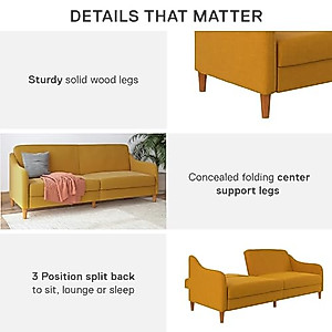 DHP Jasper 77 Inch Futon Sofa Bed, Modern Upholstered Couch Sleeper with Sloped Arms, Mustard