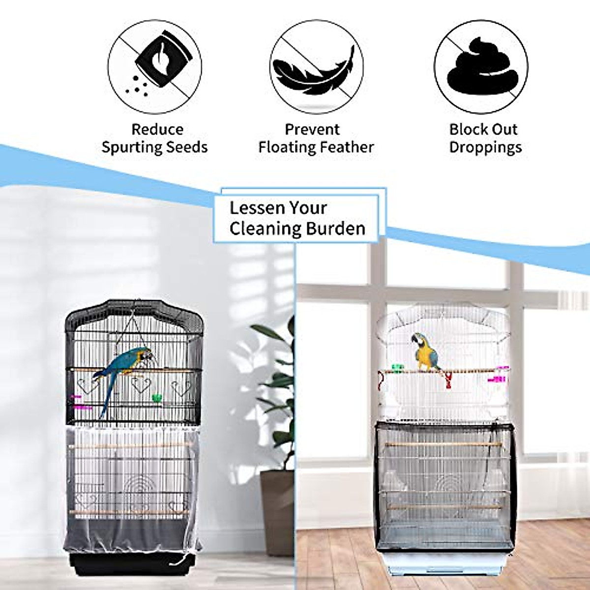 Daoeny Universal Bird Cage Cover, Adjustable Parrot Nylon Airy Soft Mesh Net, Seed Feather Catcher, Birdcage Cover Skirt Sheer Guard for Parakeet Macaw Round Square Cages (White)