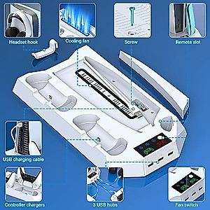 DBEPANK Stand and Cooling Station with Dual Controller Charging Station for PS5 Vertical Stand with Headset Holder for PS5 Accessories for Playstation 5 Console Cooling Fan Stand White