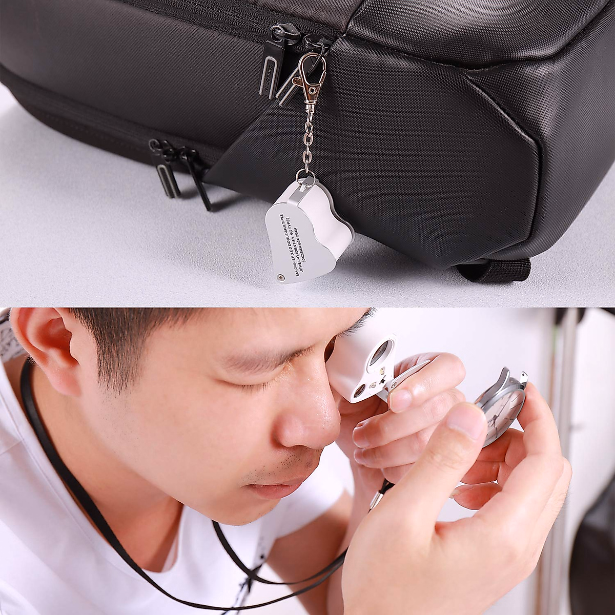 Jiusion Portable Lighted LED Illuminated Jewelry Magnifier 30X 60X Wearable Handheld Dual Lens Eye Loupe Magnifying Glasses Micro Microscope with Keychain and Lanyard