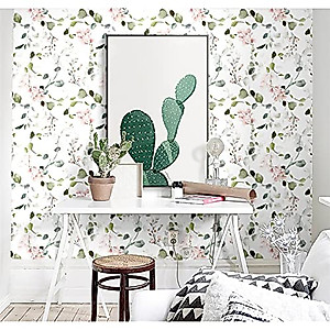 Blooming Wall DPY54 Watercolor Boho Fresh Green Leaves Textured Peel and Stick Wallpaper Self-Adhesive Prepasted Wallpaper