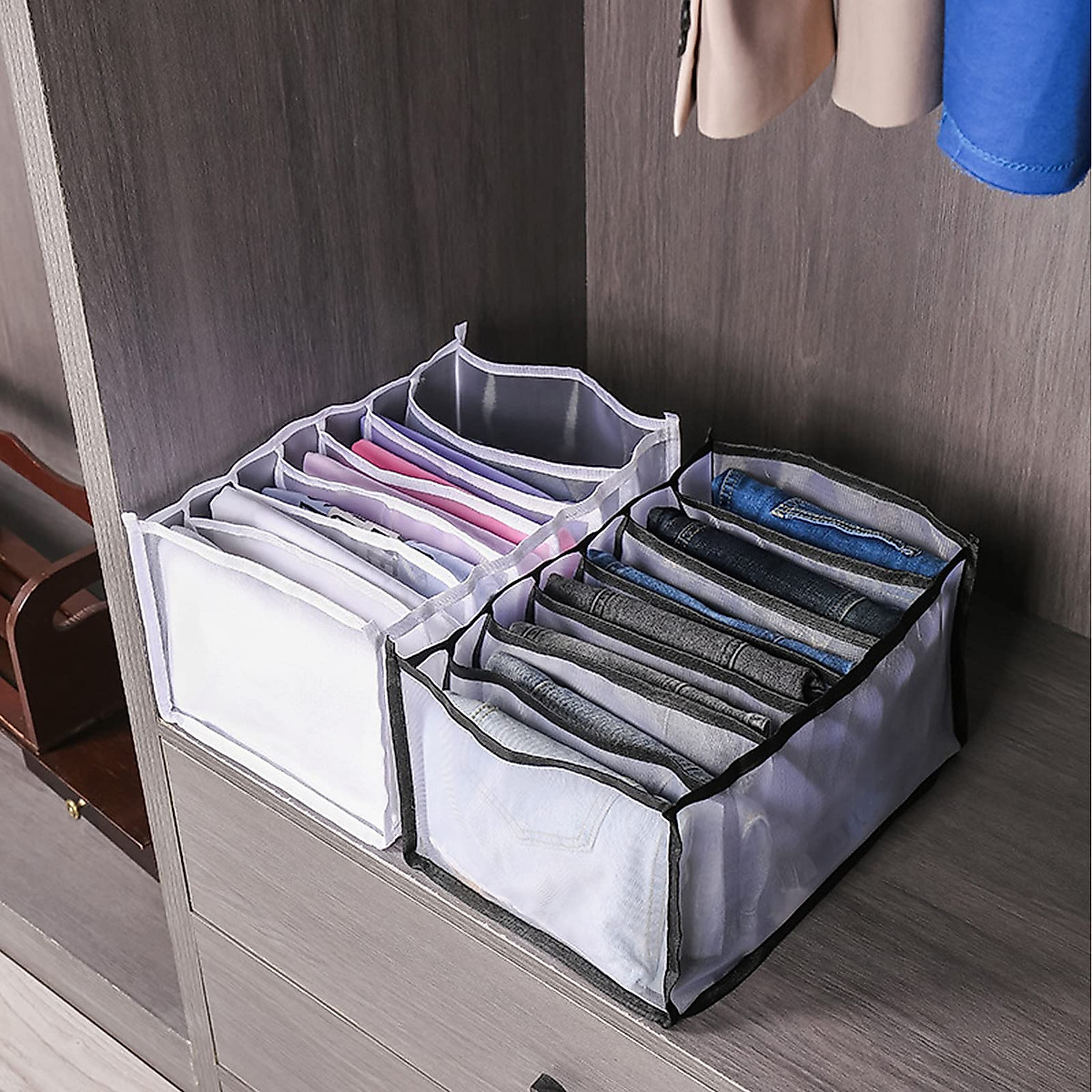 2 Pack 7 Grids Wardrobe Clothes Organizer Washable Foldable Visible Clothes Drawer Mesh Separation Organizer for Underwear, Jeans, Socks, T-shirts, Scarves, Leggings, Skirts
