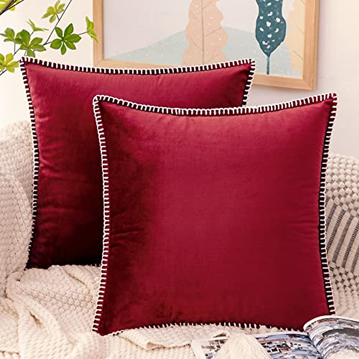 GAWAMAY Velvet Farmhouse Spring Pillow Covers 18x18 Set of 2,Decorative Green Throw Pillows with Chenille Thread Edge,Square Boho Couch Pillows for Living Room Sofa Couch Beding(45x45cm) Burgundy Red