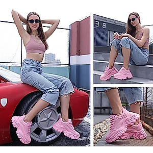 K KIP WOK Chunky Sneakers for Women Fashion Platform White Leather Casual Dad Shoes Comfortable Wedge Walking Sport Sneakers(Pink,7)