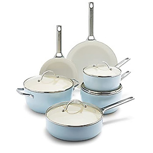 GreenPan Padova Hard Anodized Healthy Ceramic Nonstick, 10 Piece Cookware Pots and Pans Set, PFAS-Free, Dishwasher Safe, Light Blue