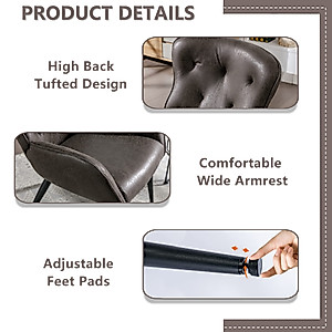 BFZ Faux Leather Accent Chair with High Back Design, Armchair with Metal Legs in Modern Style, Comfy Upholstered Wingback Chair for Living Room, Bedroom, and Office(Black Grey)