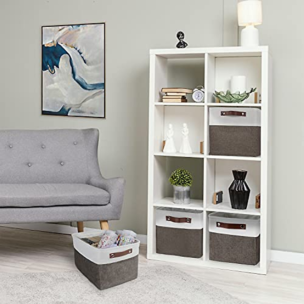 D.K AMZ Foldable Storage Bins with Handles, Rectangle Fabric Storage Basket for Shelves, Collapsible Closet Organizer for Home Office, 3 pack-15 x 11 Inches, Beige and Brown (YMXHZ019004)