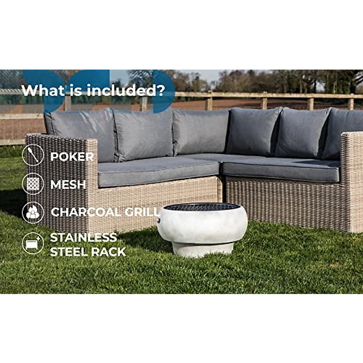 Teamson Home MGO Light Concrete Round Charcoal and Wood Burning Fire Pit for Outdoor Patio Garden Backyard with Spark Screen, Fireplace Poker, Grate, and BBQ Grill, Light Gray