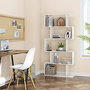 Function Home 5-Tier Geometric Bookcase, Freestanding S Shaped Bookshelf, Modern Multifunctional Display Shelves, White Book Shelf for Bedroom Living Room