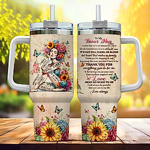 99WHALE Tumbler 40 Oz With Handle Lid And Straw, Bonus Mom Gifts, Bonus Mom Girl Mental Flowers, Simple Coffee Eleven Floral Modern Straws Royal Mother Be Best Purple To Butterfly