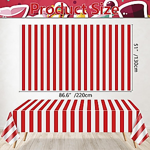 PIXHOTUL 4 Pieces Carnival Table Cloths, Red and White Stripe Tablecloths, Red Plastic Table Cover, Circus Theme Party Decorations for Carnival, Movie Night, Birthday, Christmas, Wedding, 51'' x 86''
