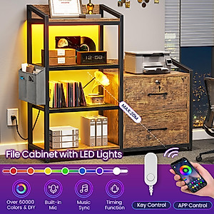 SEDETA 35.4” File Cabinet, Filing Cabinet fits Letter/A4 Size, 2 Drawe File Cabinets for Home Office with Power Strip, LED Lights, Lock, Open Shelf, Rustic Brown