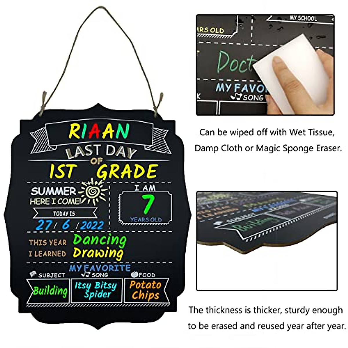 First Day of School Board, Wooden Double-Sided, First and Last Day of School Hanging Chalkboard Sign, 1st Day of Kindergarten Preschool Chalkboard Photo Prop, Back to School Gifts for Kids Boys