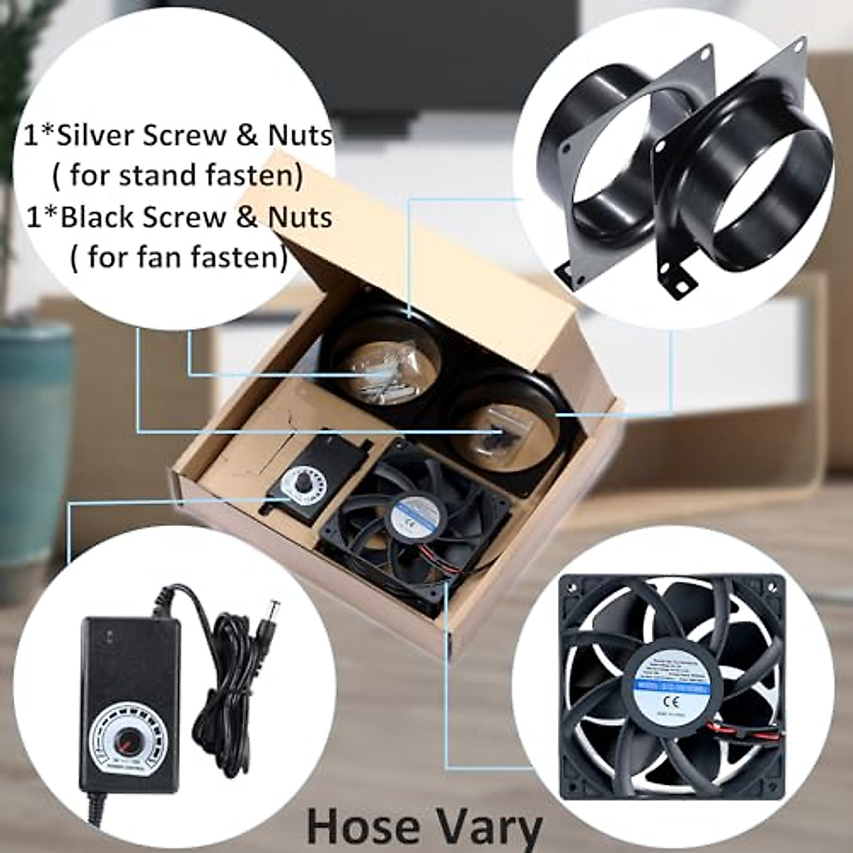 Hose Vary 4" Axial Exhaust Fan, 3000RPM 120mm DC12V Dual Ball Bearings Air Exhaust Fume Smoke Extractor Fan Kit for DIY Soldering, 3D Laser, Paint Booth (4" Duct Adapters, Mesh, Dimmer Included)