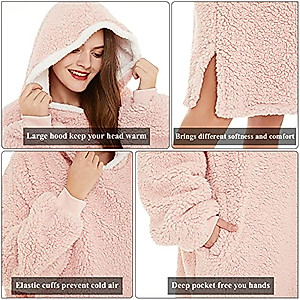 LetsFunny Oversized Blanket Sweatshirt, Plush Wearable Blanket with Pocket, Super Warm Cozy Sweatshirt Hooded Blanket for Adult Women Men Teens, One Size Fits All (Light Pink, Adult)