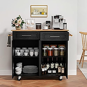 Kitchen Islands with Storage, Kitchen Carts and Islands Rolling Kitchen Island Storage Cabinets on Wheels with Drawers, Towel Rack and Shelves in Dining Room, Black