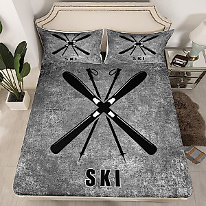 Ski Sheet Sets Twin Size Black Snowboard Grey Tie Dye Bedding Set 3Pcs for Kids Boys Girls Adult Room Decor Ski Sports Gaming Bed Sheet Skiing Lover Fashion Fitted + Flat Sheet,1 Pillowcase