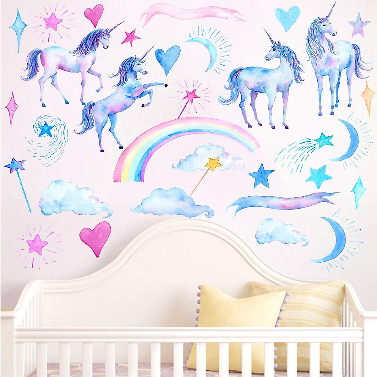 Wajade Unicorn Wall Decals, 2 Sheets Unicorn Rainbow Peel and Stick Wall Stickers Removable Wall Decor for Girls Kids Bedroom Nursery Playroom Decor