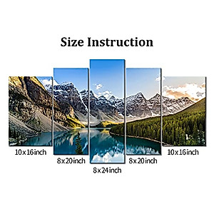 Wall Art Decor Poster Painting On Canvas Print Pictures 5 Pieces Moraine Lake And Mountain Range Sunset Canadian Rocky Mountains Landscape Framed Picture For Home Decoration Living Room Artwork