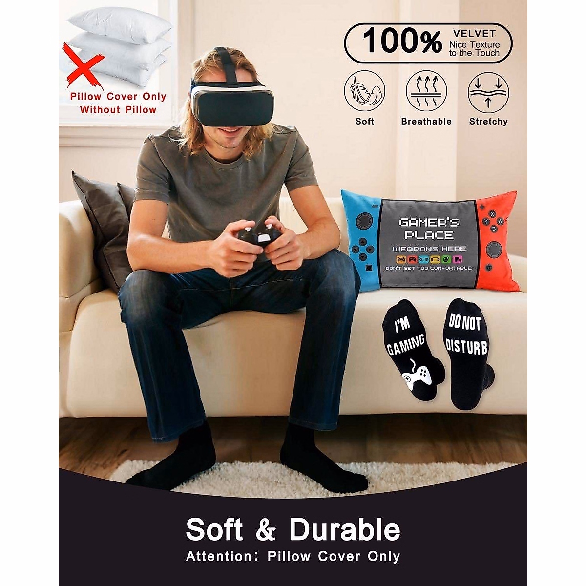 Gifts for Teen Boys, Gamer Pillow, Young Men Gift Ideas, Gaming Gifts for Teenage Boys 8-12 Room Decor for Men Boyfriends Birthday, Gamer Socks + Controller Keychain + Pillow Covers 20x12 Inch